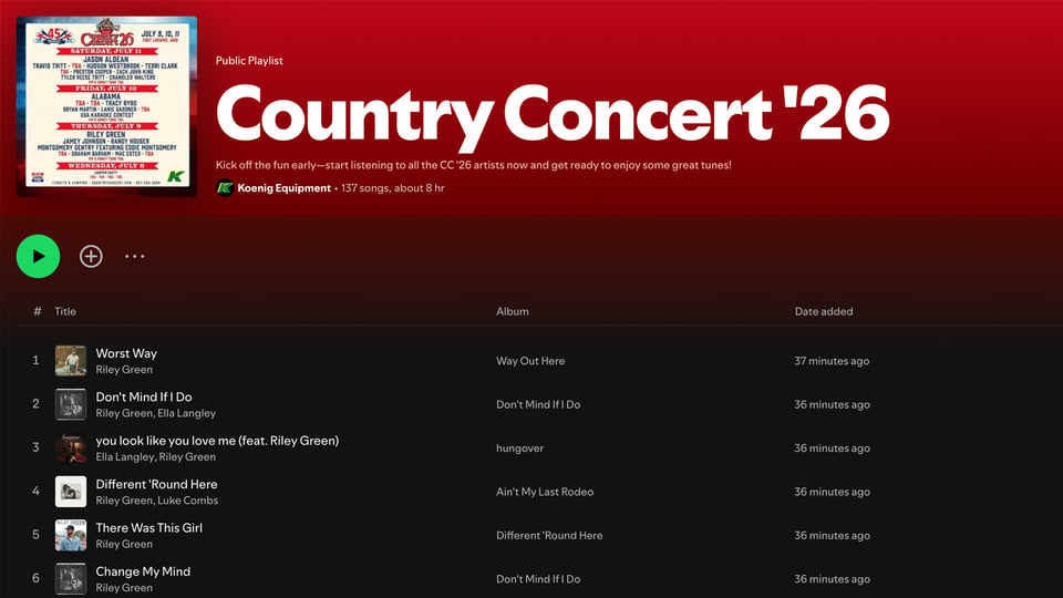 Kick Off Country Concert ’26: Koenig's Spotify Playlist for Fort ...